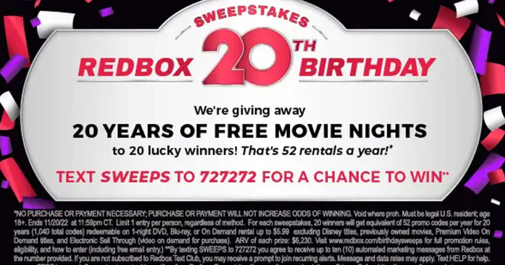 Redbox 20th Birthday Sweepstakes - The Freebie Guy®
